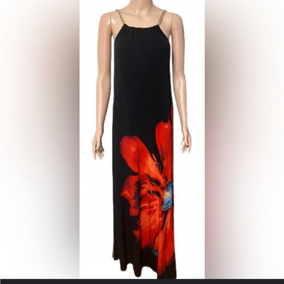 Nina Leonard | Dresses | Nina Leonard Elegant Black And Red Floral Maxi ...